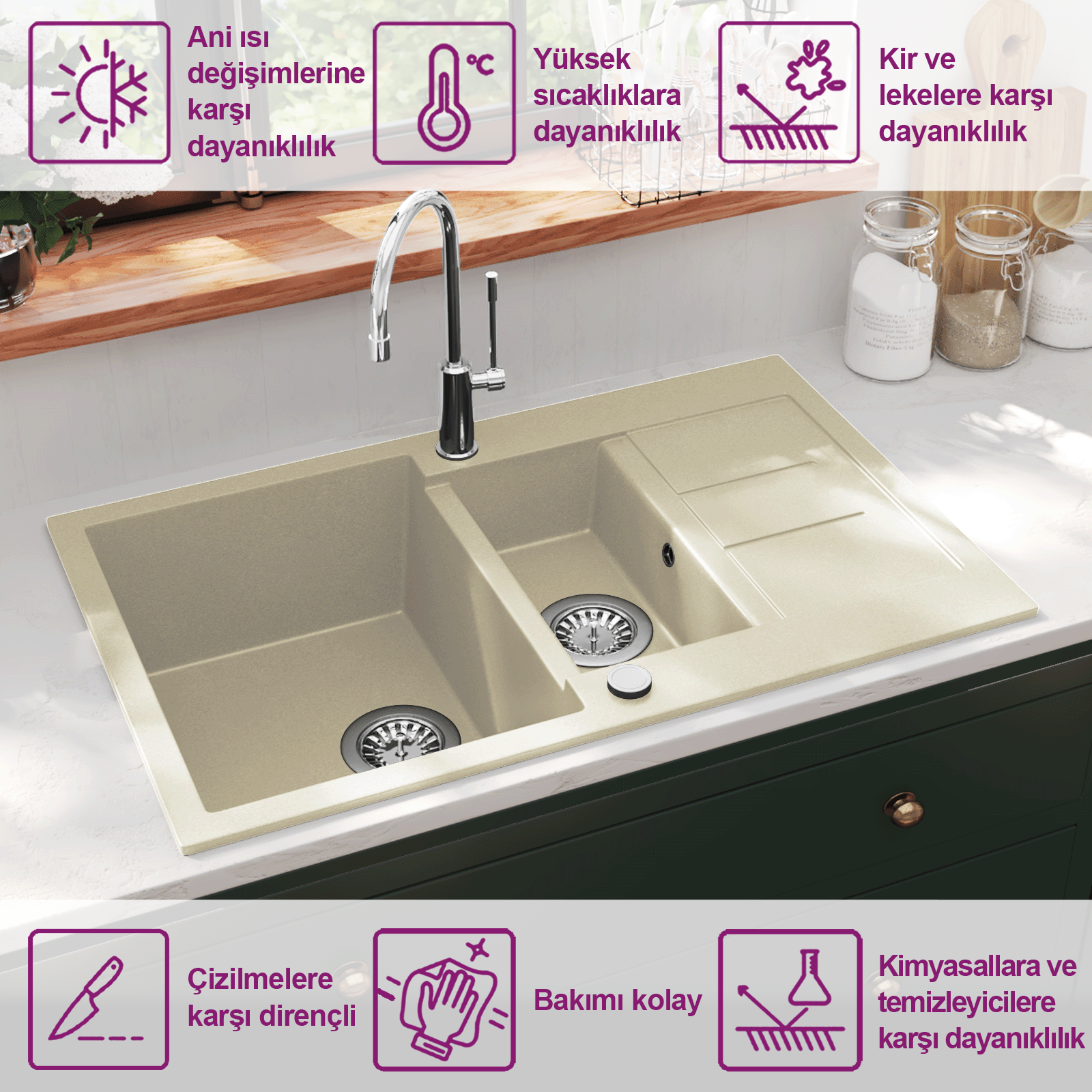 vidaXL Çift Göz Mutfak Evyesi Bej Granit | vidaXL.com.tr